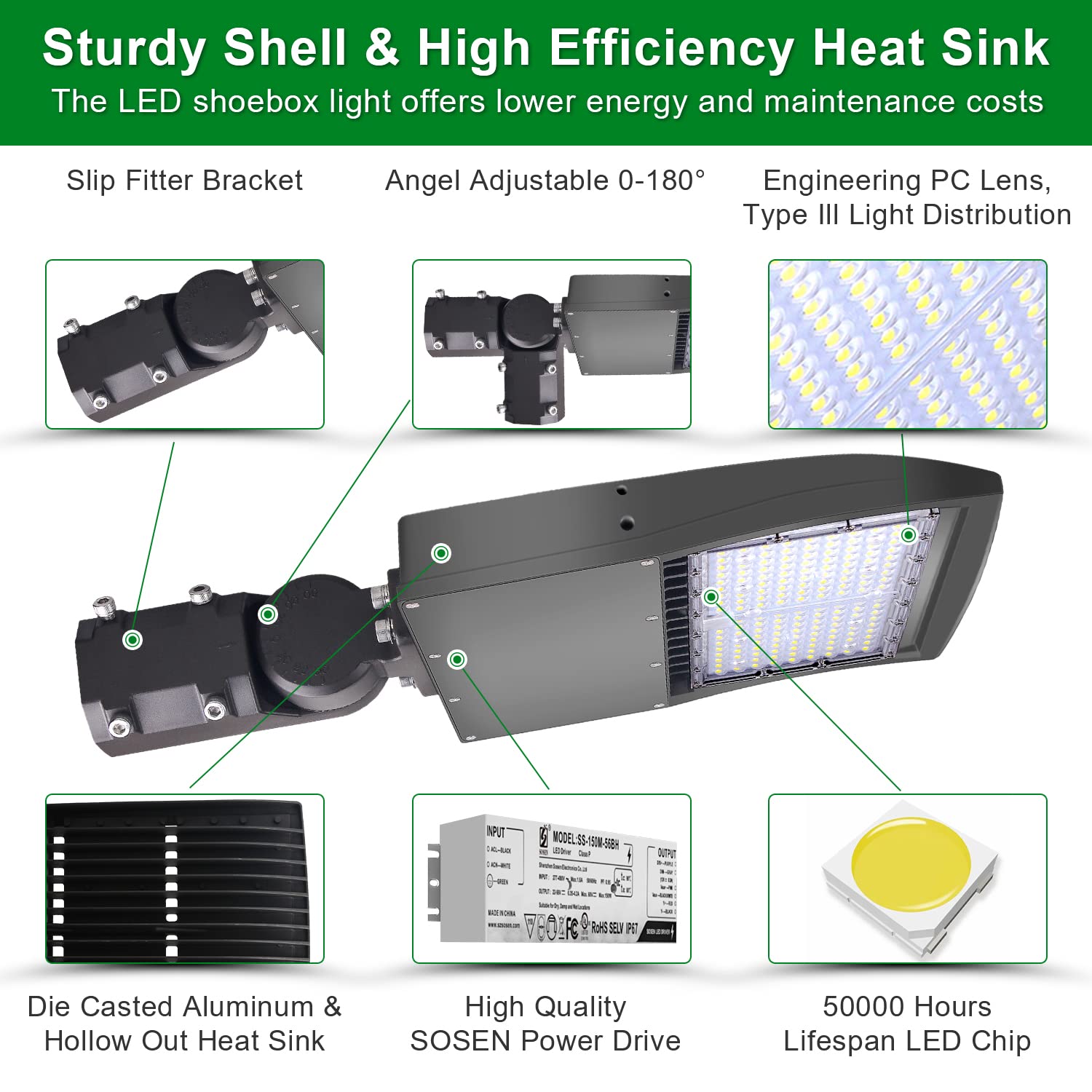 OSTEK LED Parking Lot Lights 100W LED Shoebox Street Pole Lighting, Waterproof 14000LM Outdoor Commercial Area Road Lighting 5000K 100-277V DLC UL (Adjustable Slip Fitter Bracket, 100W - 5000K)