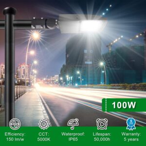 OSTEK LED Parking Lot Lights 100W LED Shoebox Street Pole Lighting, Waterproof 14000LM Outdoor Commercial Area Road Lighting 5000K 100-277V DLC UL (Adjustable Slip Fitter Bracket, 100W - 5000K)