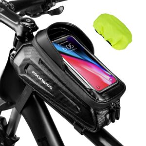 rockbros bike bag phone mount bag bicycle accessories pouch, eva waterproof bike phone holder top tube front frame bag handlebar bags compatible phones under 6.8”