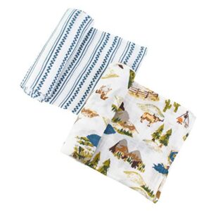 bebe au lait muslin swaddle blanket set, wyoming & western stripe, blue