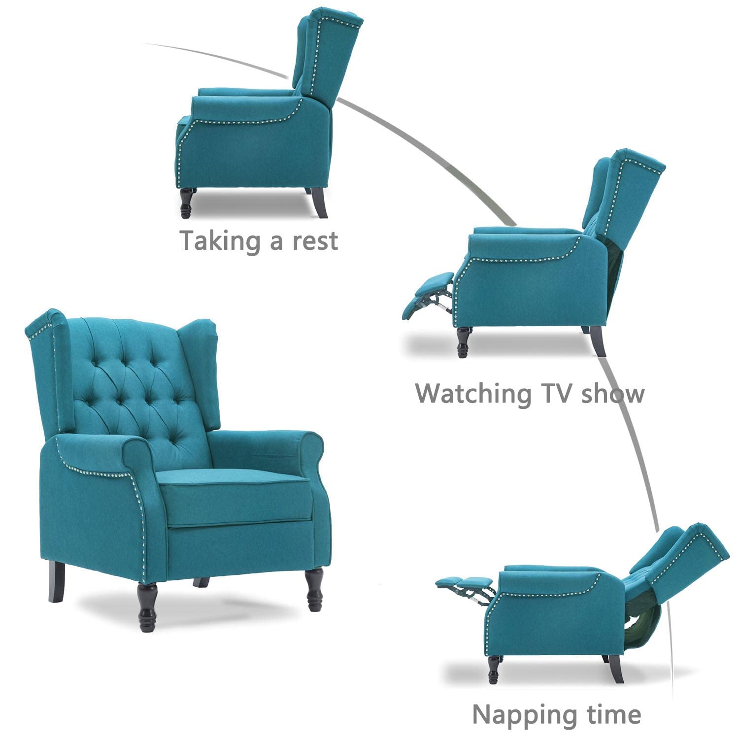 Altrobene Pushback Recliner Chair, Modern Accent Arm Chair, Fabric Wingback Chair for Living Room Bedroom, Blue