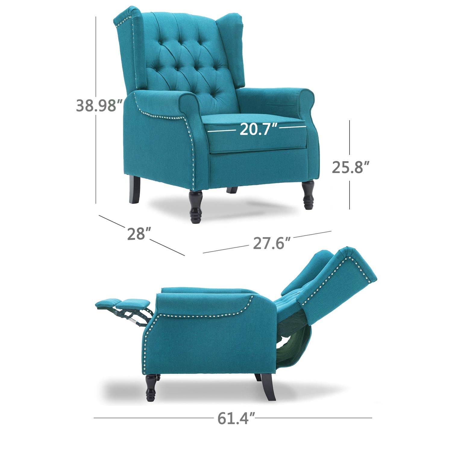 Altrobene Pushback Recliner Chair, Modern Accent Arm Chair, Fabric Wingback Chair for Living Room Bedroom, Blue