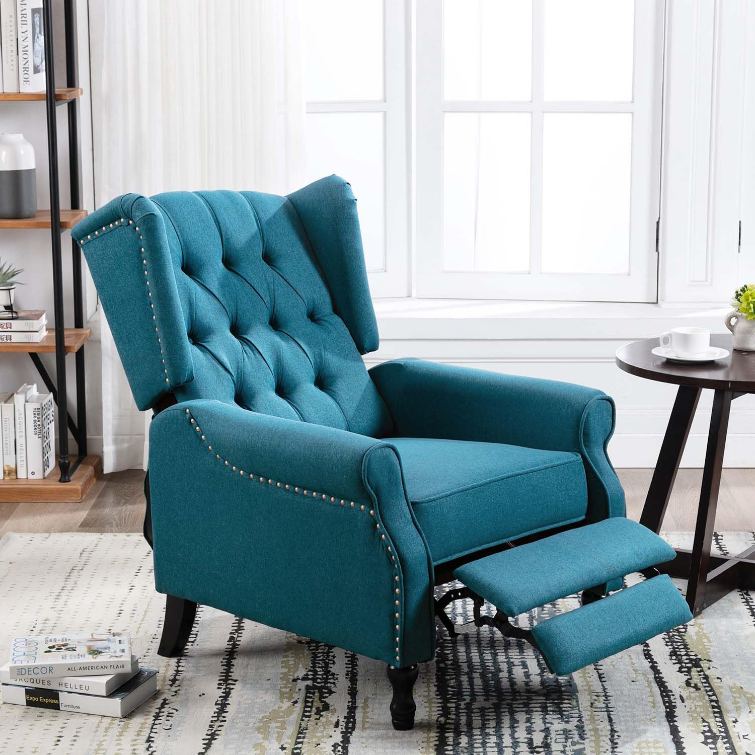 Altrobene Pushback Recliner Chair, Modern Accent Arm Chair, Fabric Wingback Chair for Living Room Bedroom, Blue