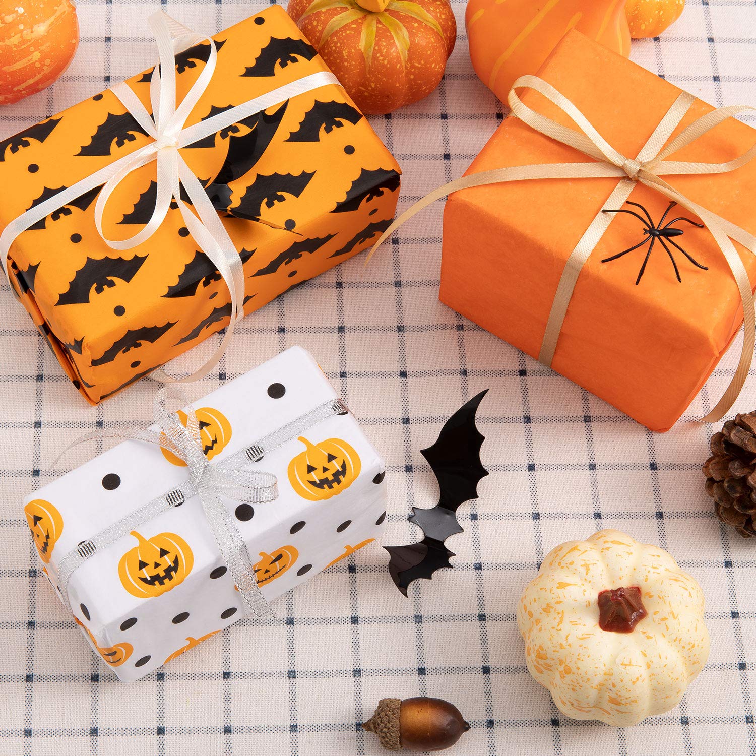 Whaline 120 Sheets Halloween Tissue Paper Black Orange Wrapping Paper Bat Pumpkin Web Spider Art Paper Crafts for Halloween Fall Birthday Wedding Party Gift Bag DIY Pompom Confetti (6 Designs)