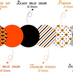 Whaline 120 Sheets Halloween Tissue Paper Black Orange Wrapping Paper Bat Pumpkin Web Spider Art Paper Crafts for Halloween Fall Birthday Wedding Party Gift Bag DIY Pompom Confetti (6 Designs)