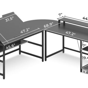 SEDETA L Shaped Computer Desk with Hutch, Drafting Drawing Table for Artists, 68.9 inches Corner Computer Desk for Home Office, Workstation Table with Monitor Stand Riser and Tiltable Desktop, Black