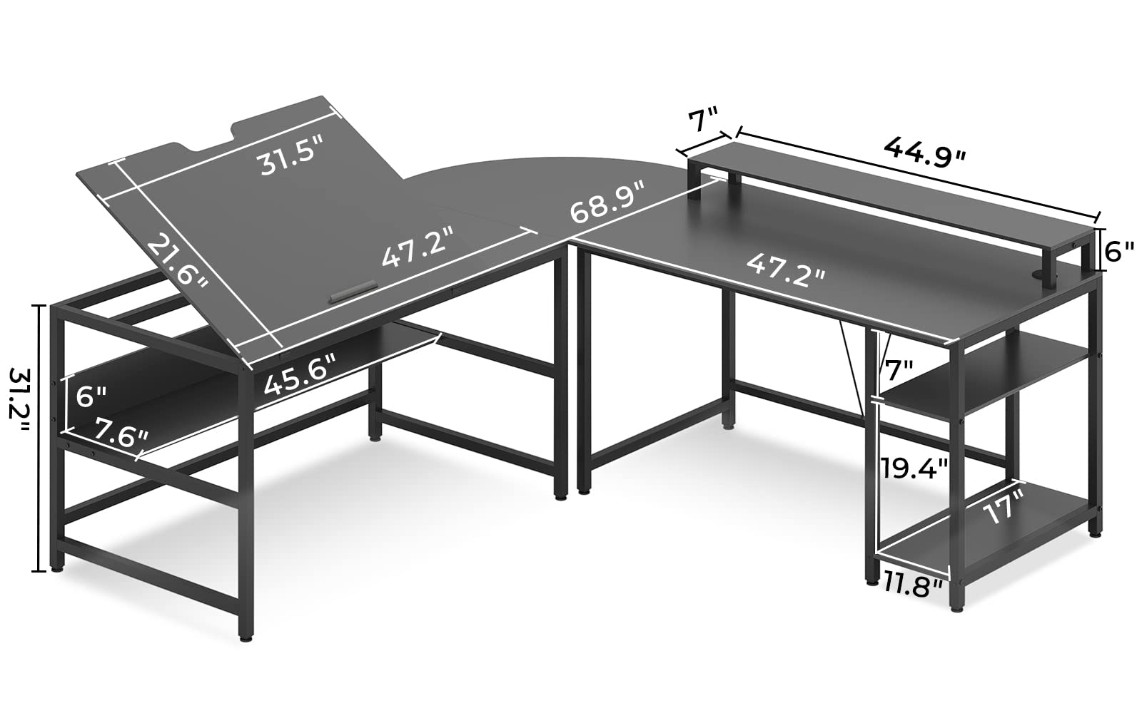 SEDETA L Shaped Computer Desk with Hutch, Drafting Drawing Table for Artists, 68.9 inches Corner Computer Desk for Home Office, Workstation Table with Monitor Stand Riser and Tiltable Desktop, Black