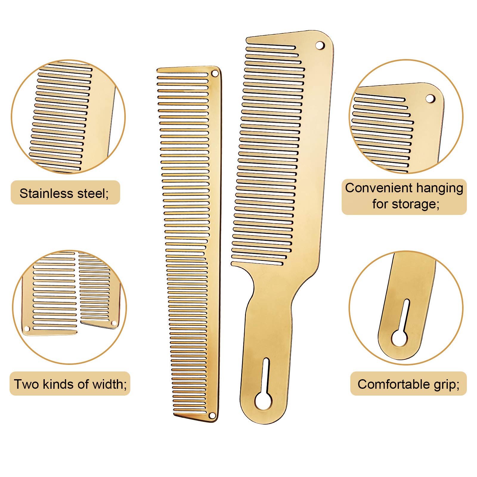 2 Pieces Metal Comb Set Metal Barber Comb Stainless Steel Blending Comb Fine Styling Cutting Comb Flat Top Clipper Comb Metal Detangling Comb for Men Women Salon, 2 Styles (Gold)