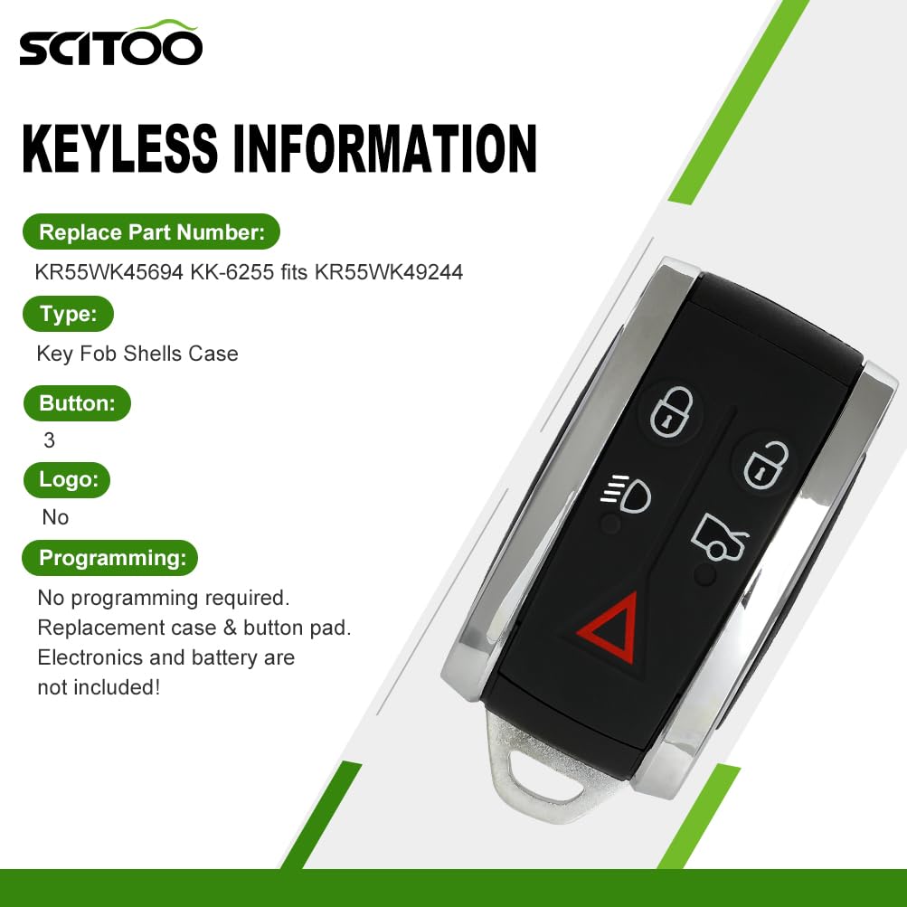 SCITOO Keyless Entry Remote Key Fob SHELL CASE Replacement for 5 Buttons Uncut Car Key for Jaguar XF 2009-2013 XJ8 2010 XK8 2006-2010 XKR 2006-2014 XK 2014-2015 1pc FCC KR55WK45694 KK-6255