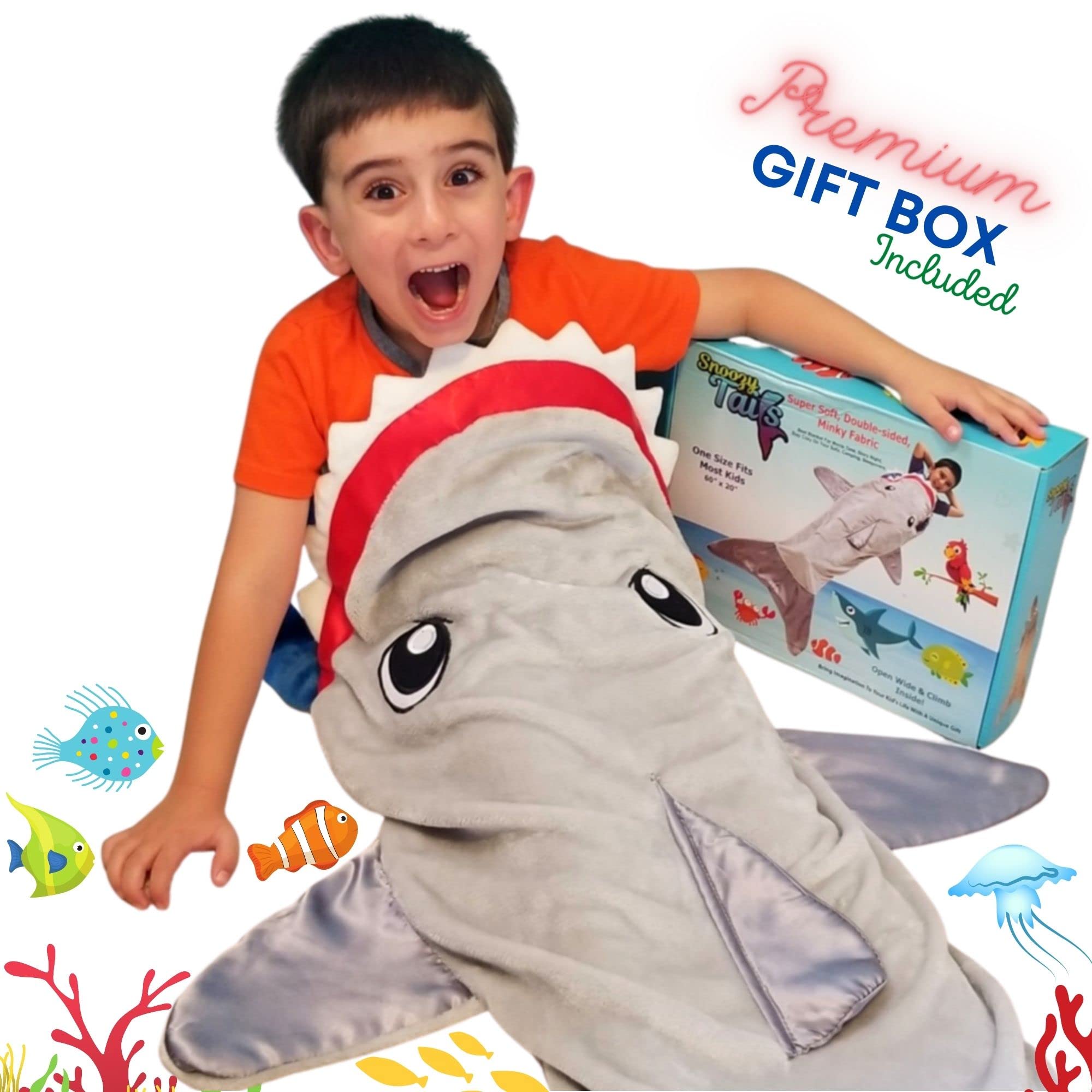 Shark Tail Animal Blanket for Boys. Soft Plush Shark Sleeping Bag Blanket for Kids with Gift Box. Blankie Fun Fin Gray. Snuggle Double-Sided Minky Fabric. Cozy for Boys Kids