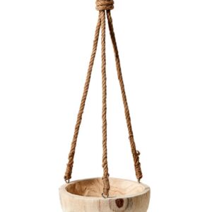 Serene Spaces Living Paulownia Hanging Wood Bowl with Jute Rope, Hanging Faux Succulent and Artificial Plants, Ideal for Home, Garden, Office Decor, Measures 4.5" Tall and 9.25" Diameter