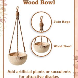 Serene Spaces Living Paulownia Hanging Wood Bowl with Jute Rope, Hanging Faux Succulent and Artificial Plants, Ideal for Home, Garden, Office Decor, Measures 4.5" Tall and 9.25" Diameter