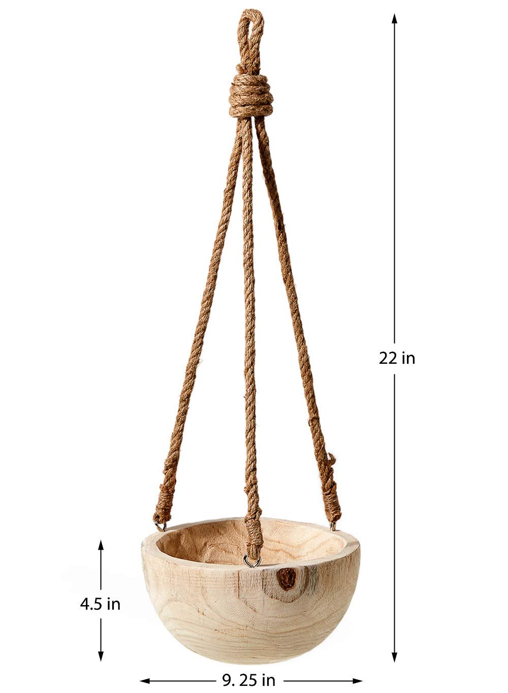 Serene Spaces Living Paulownia Hanging Wood Bowl with Jute Rope, Hanging Faux Succulent and Artificial Plants, Ideal for Home, Garden, Office Decor, Measures 4.5" Tall and 9.25" Diameter