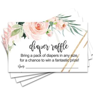 Graceful Floral Diaper Raffle Tickets, Rustic Baby Shower Games for Prizes, Girls Baby Shower Diaper Raffle Invitation Insert Cards Pink and Gold, 50 Pack