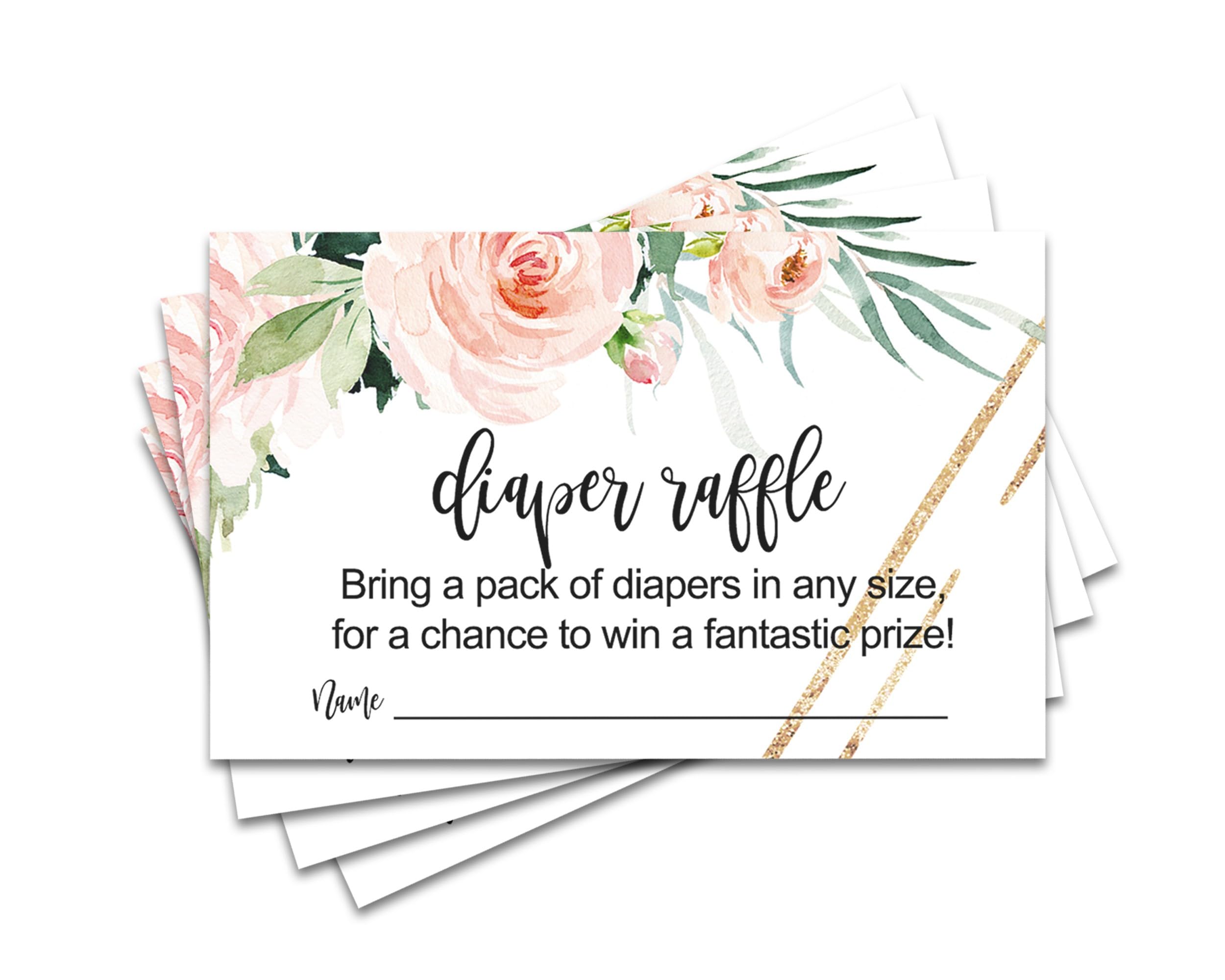 Graceful Floral Diaper Raffle Tickets, Rustic Baby Shower Games for Prizes, Girls Baby Shower Diaper Raffle Invitation Insert Cards Pink and Gold, 50 Pack