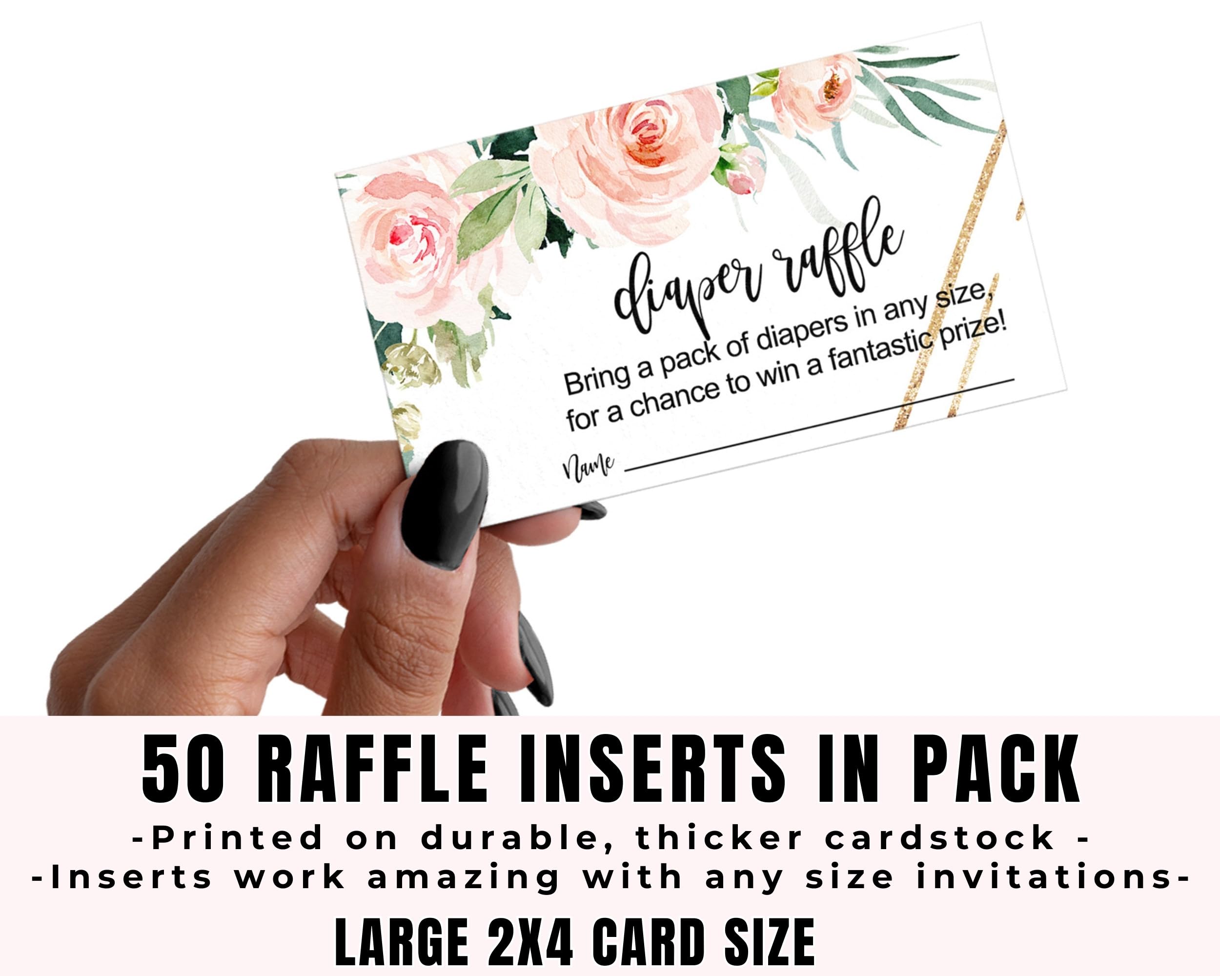 Graceful Floral Diaper Raffle Tickets, Rustic Baby Shower Games for Prizes, Girls Baby Shower Diaper Raffle Invitation Insert Cards Pink and Gold, 50 Pack