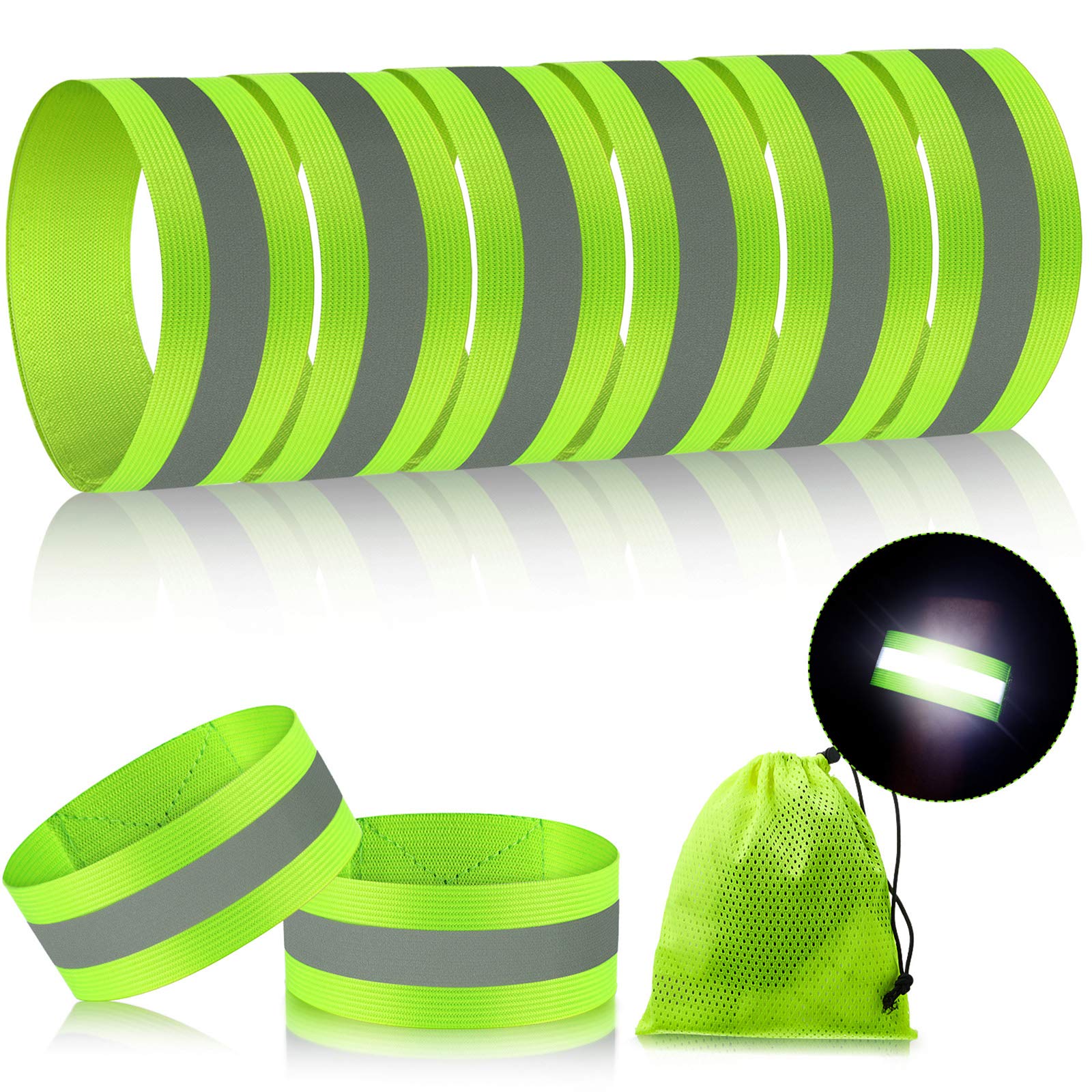 8 Pieces Reflective Bands Winter High Visibility Reflector Bands Reflective Straps Tape Bracelets Reflective Running Gear for Women Men Running Cycling Walking Arm Wrist Ankle Leg (Green)