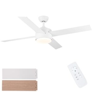 snj white ceiling fan with light, 52" ceiling fans with lights and remote, ceiling fan for indoor bedroom, dimmable, quiet dc motor, 4 wooden blades