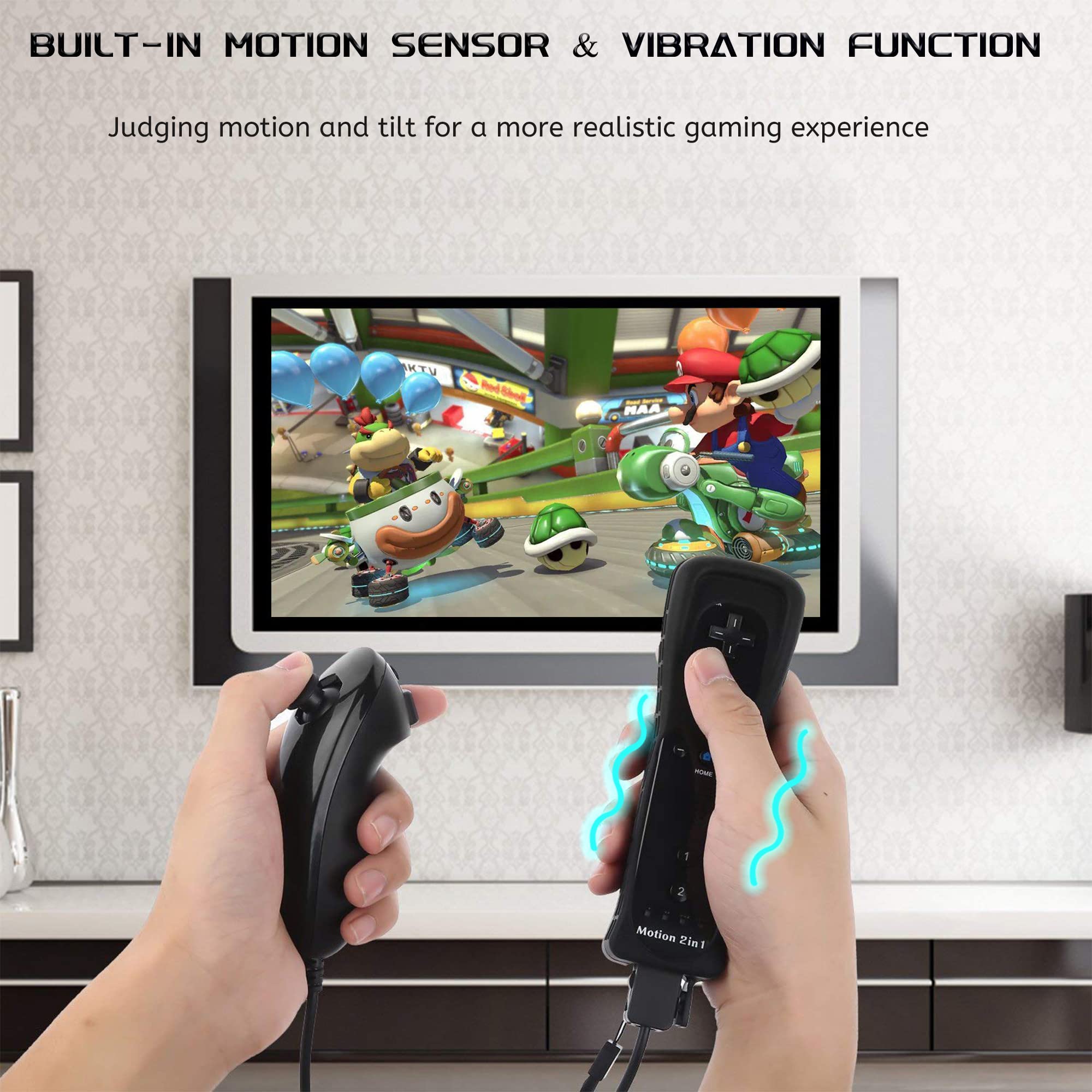 ECRABONE Wii Nunchuck Remote Controller 2 Pack with Motion Plus Compatible with Wii & Wii U Console | Wii Remote Controller with Shock Function (Black + Blue)