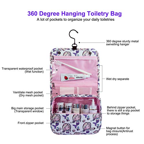 Eudora Hanging Travel Toiletry Bag for Women and Girls, Teenage Waterproof Bathroom Bag, Cute Glitter Mermaid Shower Cosmetic Bag with Large Capacity and 360 Rotatable Hook (Pink)