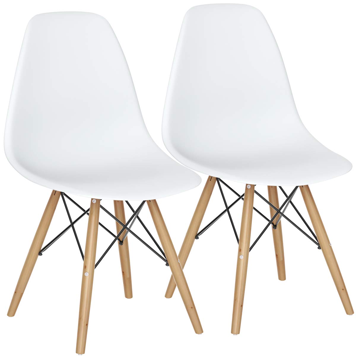 GOFLAME DSW Dining Chairs, Shell Plastic Chairs with Wood Legs, Modern Style Armless Chairs for Living Room Kitchen Bedroom, Eiffel DSW Style Side Chairs with Ergonomic Backrest Set of 2, White