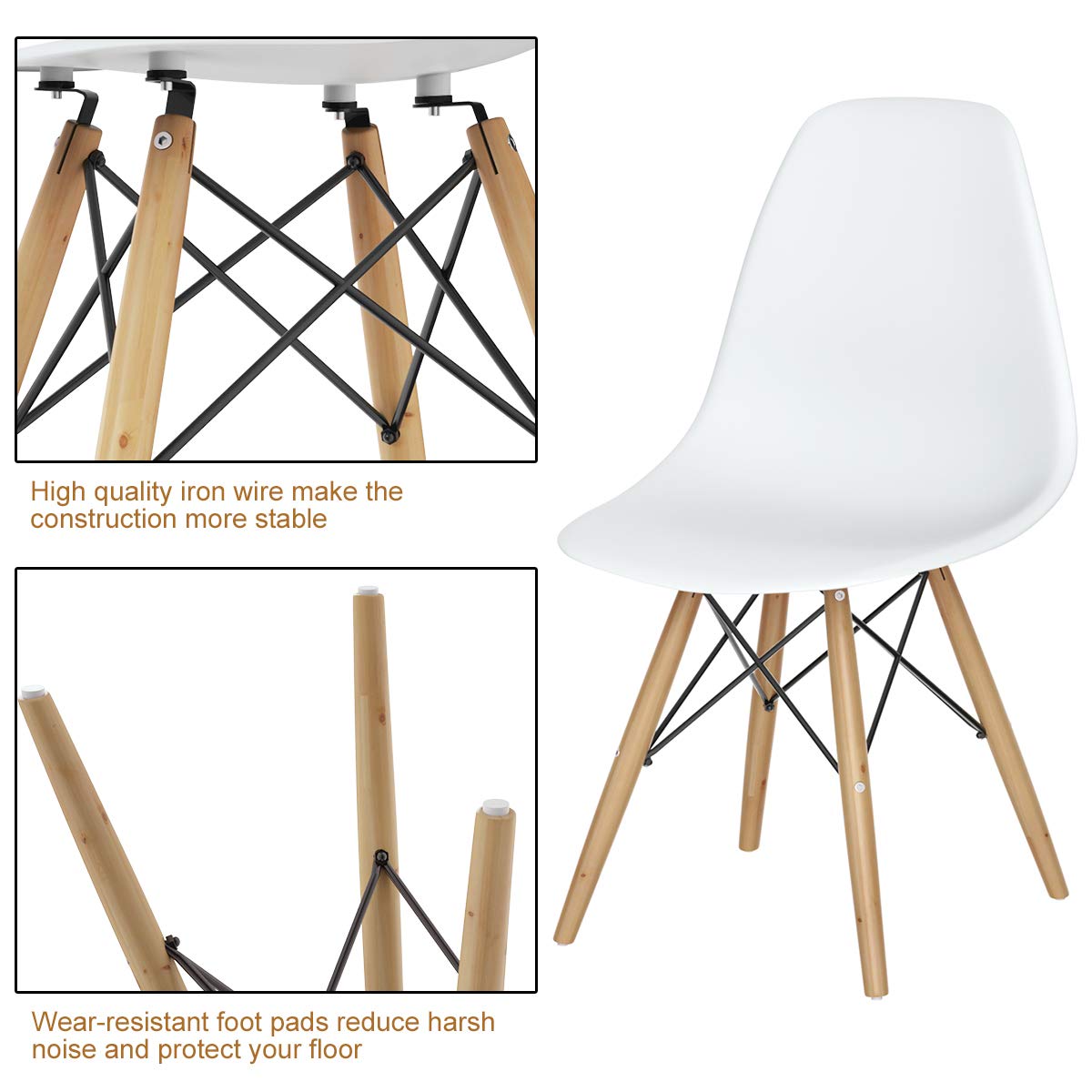 GOFLAME DSW Dining Chairs, Shell Plastic Chairs with Wood Legs, Modern Style Armless Chairs for Living Room Kitchen Bedroom, Eiffel DSW Style Side Chairs with Ergonomic Backrest Set of 2, White