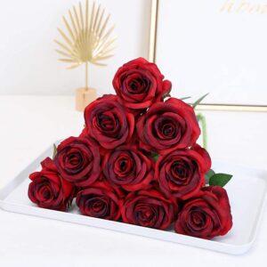 Veryhome Artificial Flowers Silk Roses Real Touch Bridal Wedding Bouquet for Home Garden Party Floral Decor 10 Pcs (Blooming Rose - Gradient Burgundy Red)