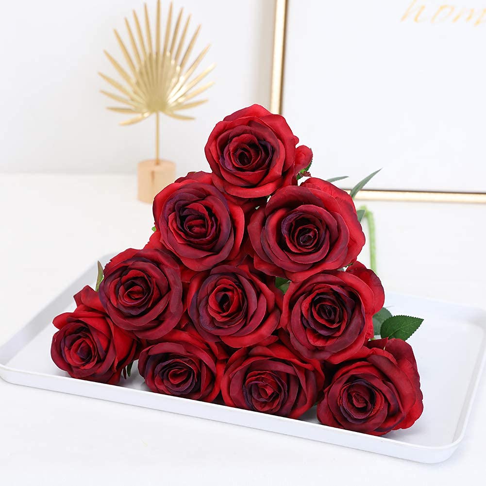 Veryhome Artificial Flowers Silk Roses Real Touch Bridal Wedding Bouquet for Home Garden Party Floral Decor 10 Pcs (Blooming Rose - Gradient Burgundy Red)