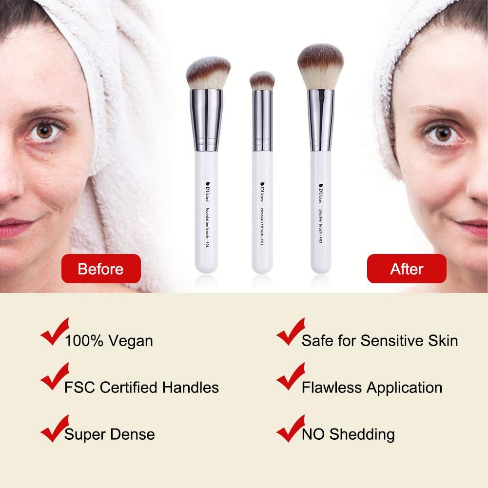 DUcare Makeup Brushes 3Pcs Foundation Contour Brush& Concealer Brush& Blusher Brush Face Kabuki Blush Bronzer Travel Buffing Stippling Contour Liquid Blending Makeup brush set White