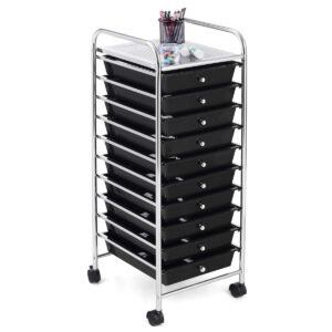 relax4life storage cart w/10 drawers,rolling wheels semi-transparent multipurpose mobile rolling drawer cart for school, office, home, beauty salon files arrangement storage organizer cart (black)