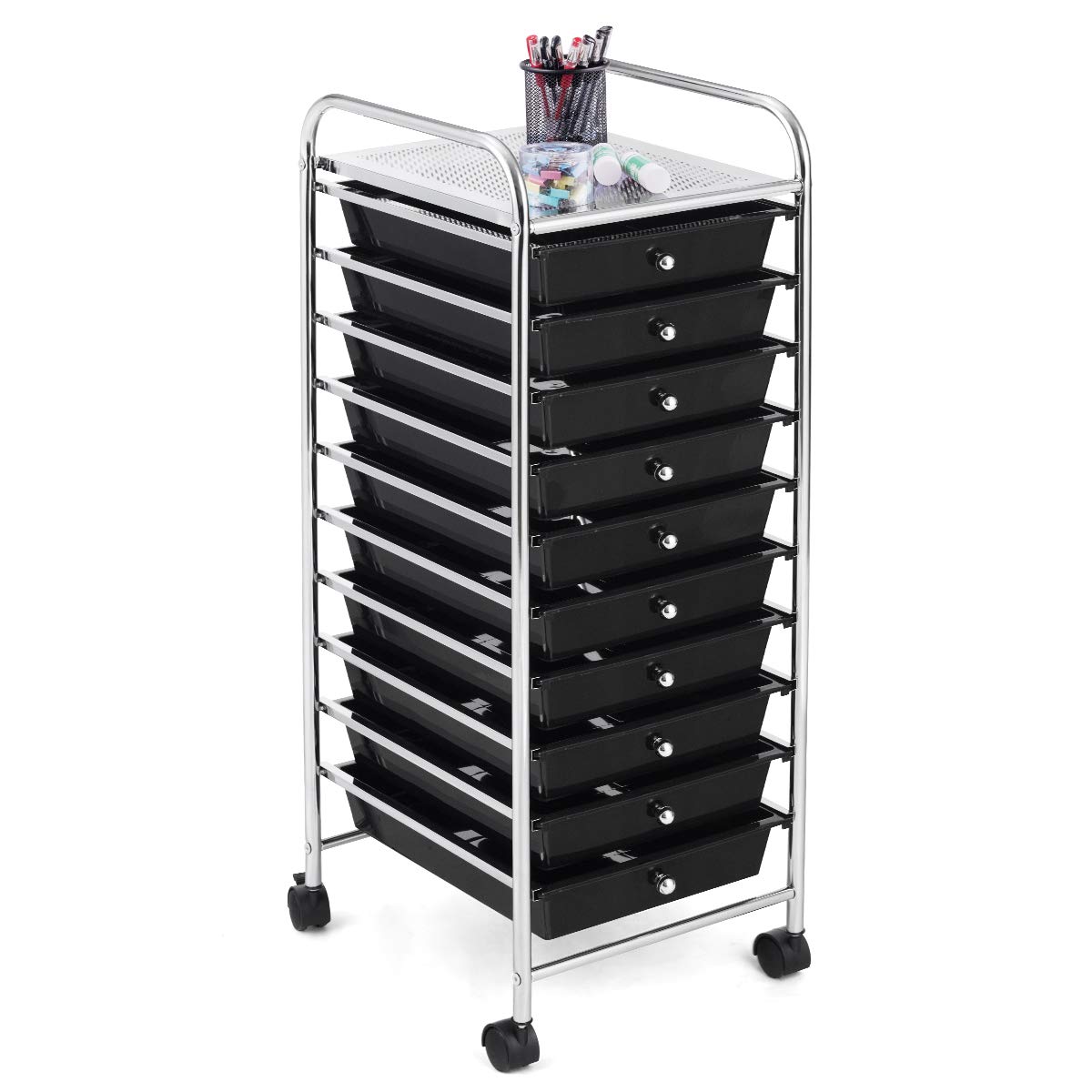 RELAX4LIFE Storage Cart W/10 Drawers,Rolling Wheels Semi-Transparent Multipurpose Mobile Rolling Drawer Cart for School, Office, Home, Beauty Salon Files Arrangement Storage Organizer Cart (Black)