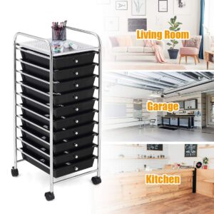 RELAX4LIFE Storage Cart W/10 Drawers,Rolling Wheels Semi-Transparent Multipurpose Mobile Rolling Drawer Cart for School, Office, Home, Beauty Salon Files Arrangement Storage Organizer Cart (Black)