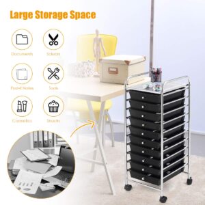 RELAX4LIFE Storage Cart W/10 Drawers,Rolling Wheels Semi-Transparent Multipurpose Mobile Rolling Drawer Cart for School, Office, Home, Beauty Salon Files Arrangement Storage Organizer Cart (Black)