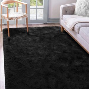 terrug fluffy rugs for living room bedroom, black 3x5 area rug washable shag carpet, super soft fuzzy plush non-slip cute modern kids rug for nursery college dorm classroom kids room home decor