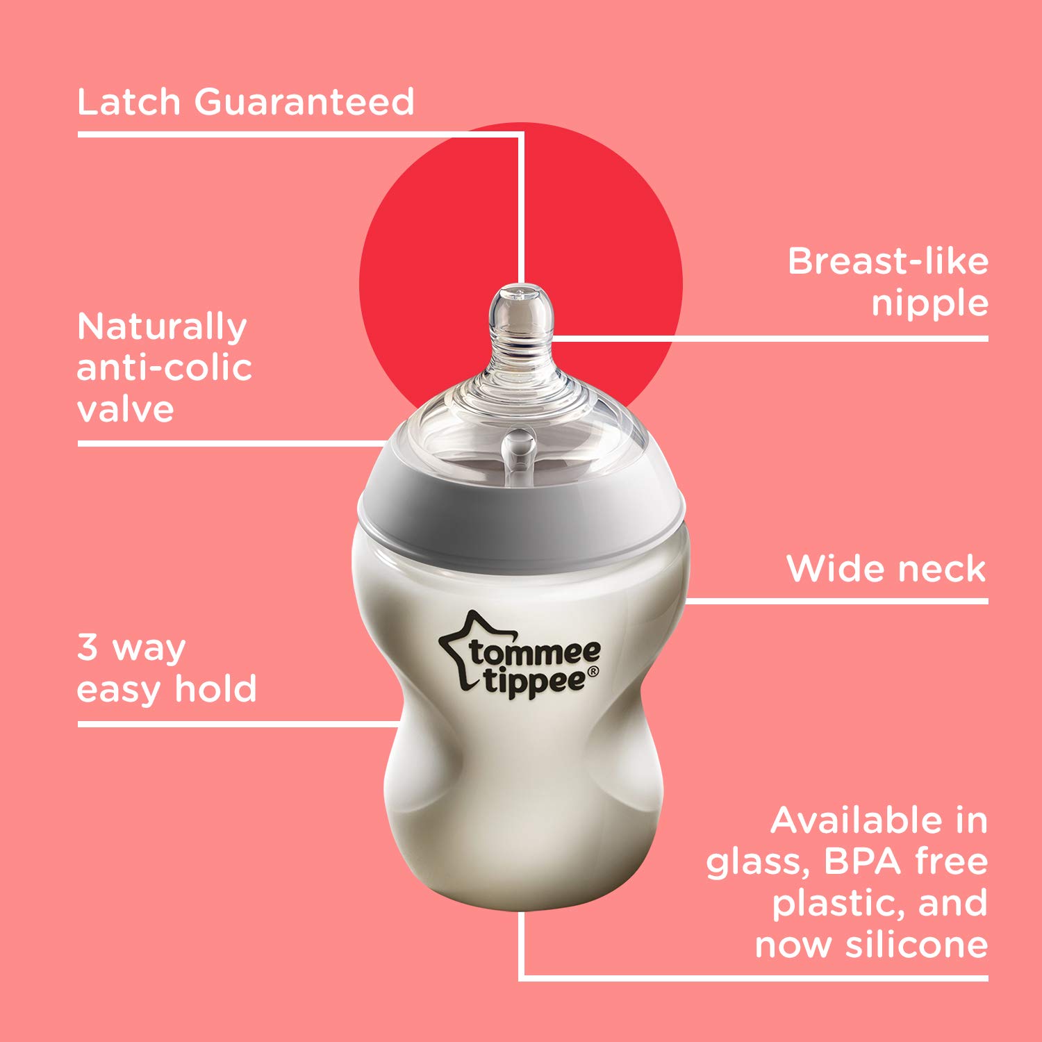 Tommee Tippee Closer to Nature Baby Bottles, Slow Flow Breast-Like Nipple with Anti-Colic Valve, 9oz, 6 Count, Clear