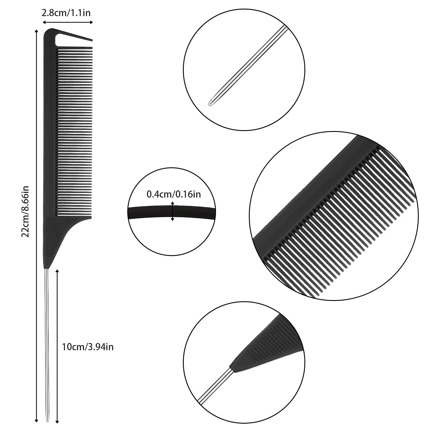 Rat Tail Comb Parting Combs for Braiding Hair Carbon Styling Comb Steel Pin Carbon Fiber Heat Resistant Teasing Combs Barber Combs with 3 Pieces Plastic Styling Hair Clips for Hair Stylist (Black)