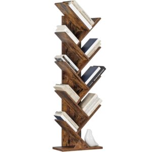 function home 9 tier tree bookshelf, modern tall geometric bookcase, freestanding book shelf, wood floor storage shelf for living room, bedroom, home office,rustic brown