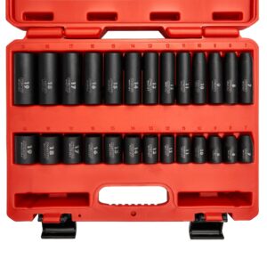 NEIKO 02433A 3/8” Drive Standard and Deep Metric Impact Socket Set | 26 Pieces | Metric 7mm to 19mm | Premium Cr-V Steel | 6-Point Hex Design | Corrosion Resistant Black Phosphate Coating