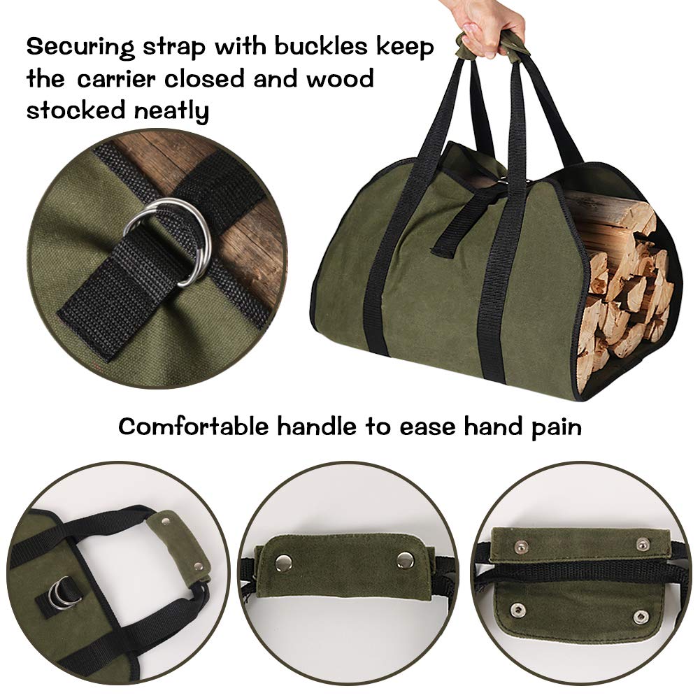 HRX Package Waxed Canvas Firewood Bag Carrier, Water Resistant Log Tote Wood Carrying Bag With Handles for Camping Trip Christmas Gift