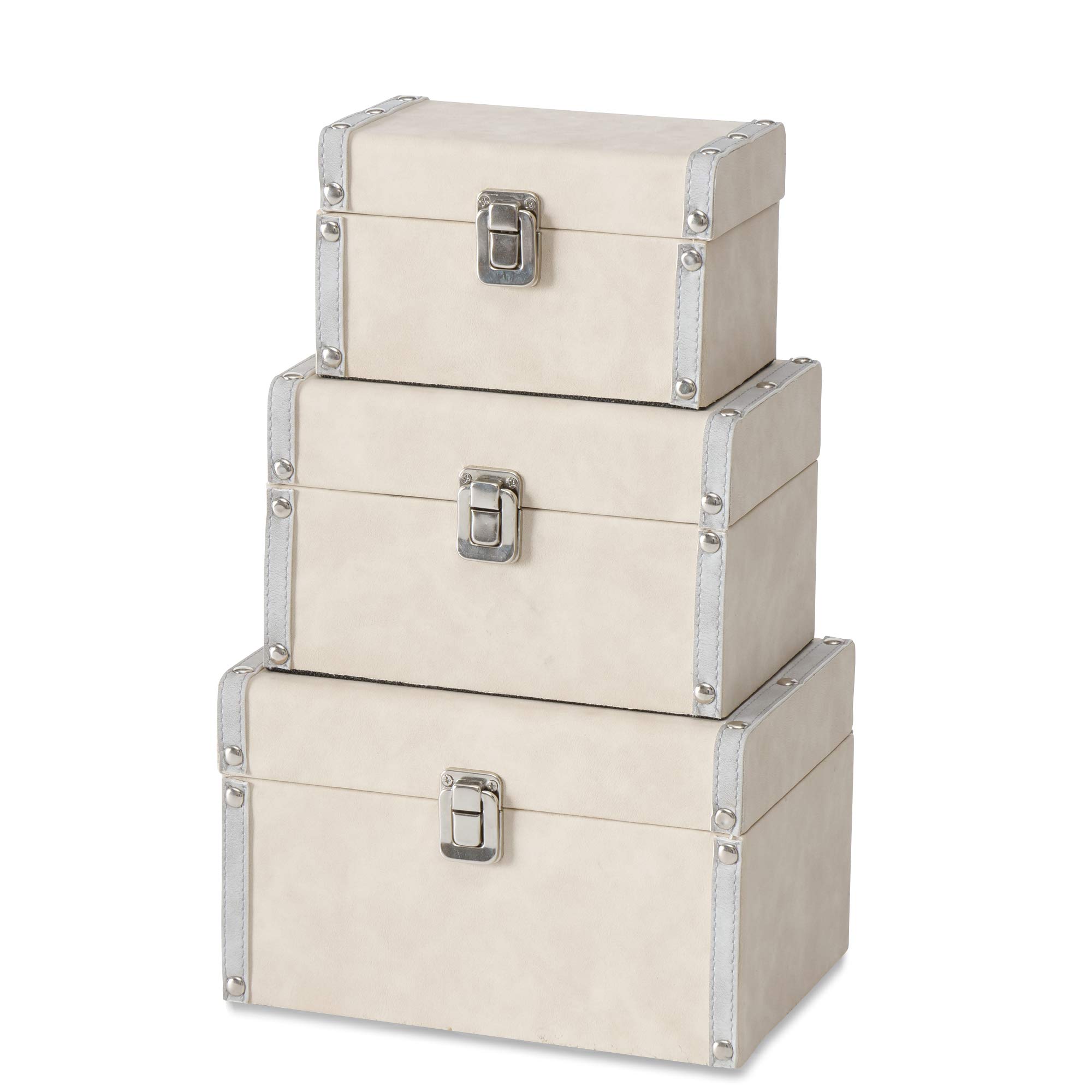 WHW Whole House Worlds 3 Piece Silver Studs Box Set, Faux Sand Beige Suede and Leather, Fabric Lined, Flip Latch Closure, Table Top, Lined, Organizers, MDF Wood, 9, 7.75, and 6.75 Inches