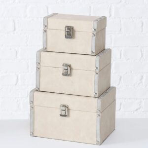 WHW Whole House Worlds 3 Piece Silver Studs Box Set, Faux Sand Beige Suede and Leather, Fabric Lined, Flip Latch Closure, Table Top, Lined, Organizers, MDF Wood, 9, 7.75, and 6.75 Inches