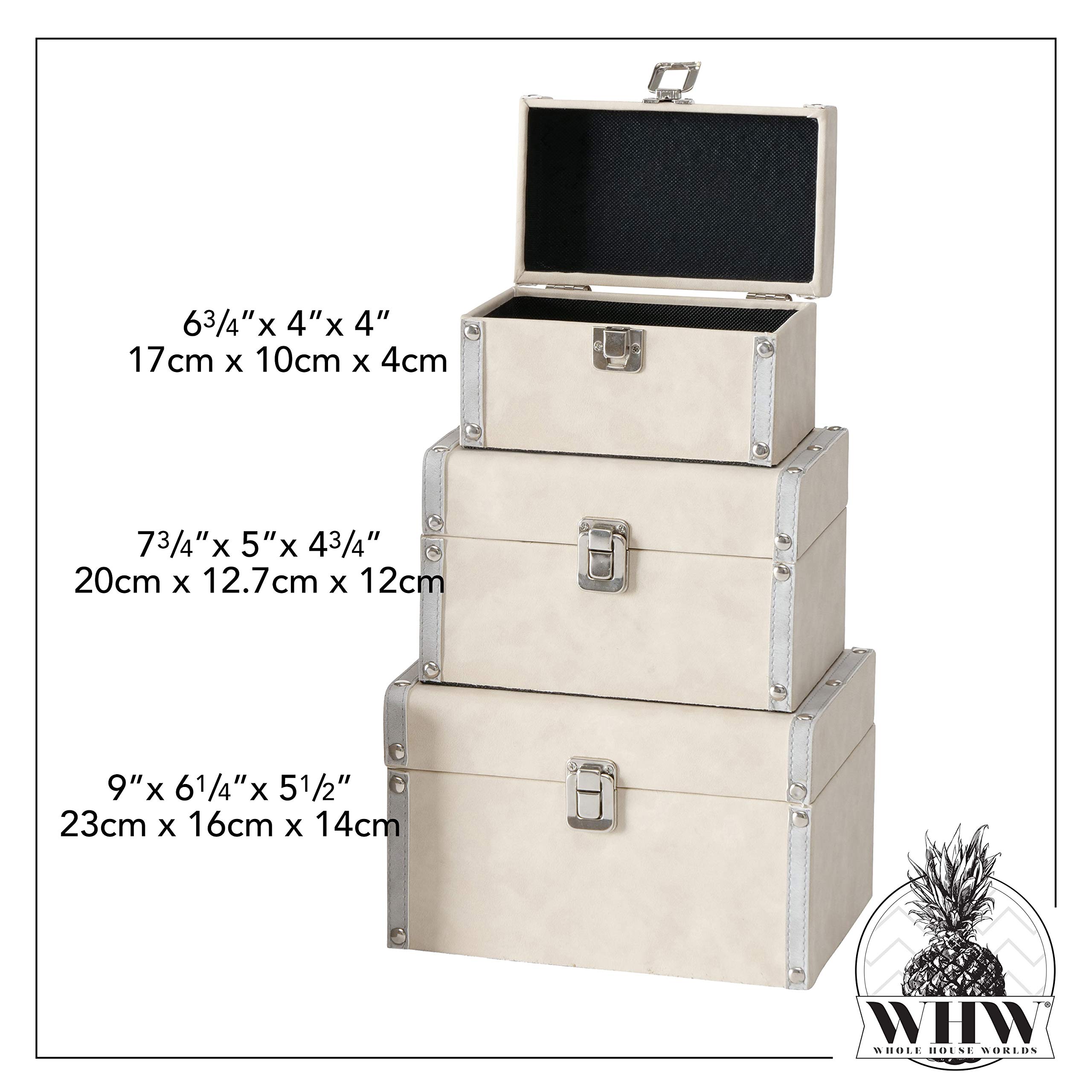 WHW Whole House Worlds 3 Piece Silver Studs Box Set, Faux Sand Beige Suede and Leather, Fabric Lined, Flip Latch Closure, Table Top, Lined, Organizers, MDF Wood, 9, 7.75, and 6.75 Inches