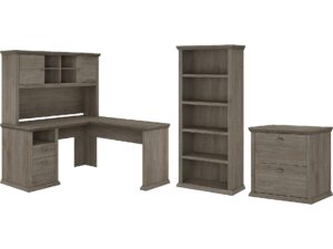 bush furniture yorktown l shaped desk with hutch, lateral file cabinet and 5 shelf bookcase, 60w, restored gray