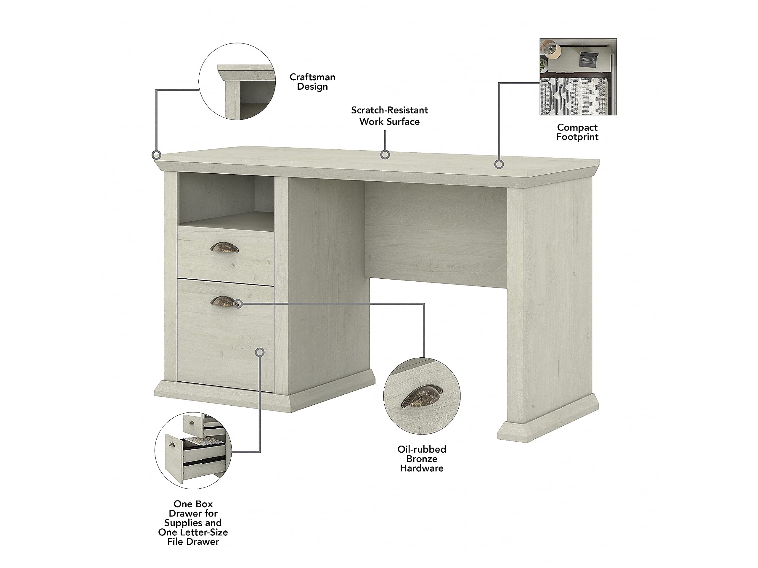 Yorktown 50-Inch Home Office Desk with Storage, Linen White Oak