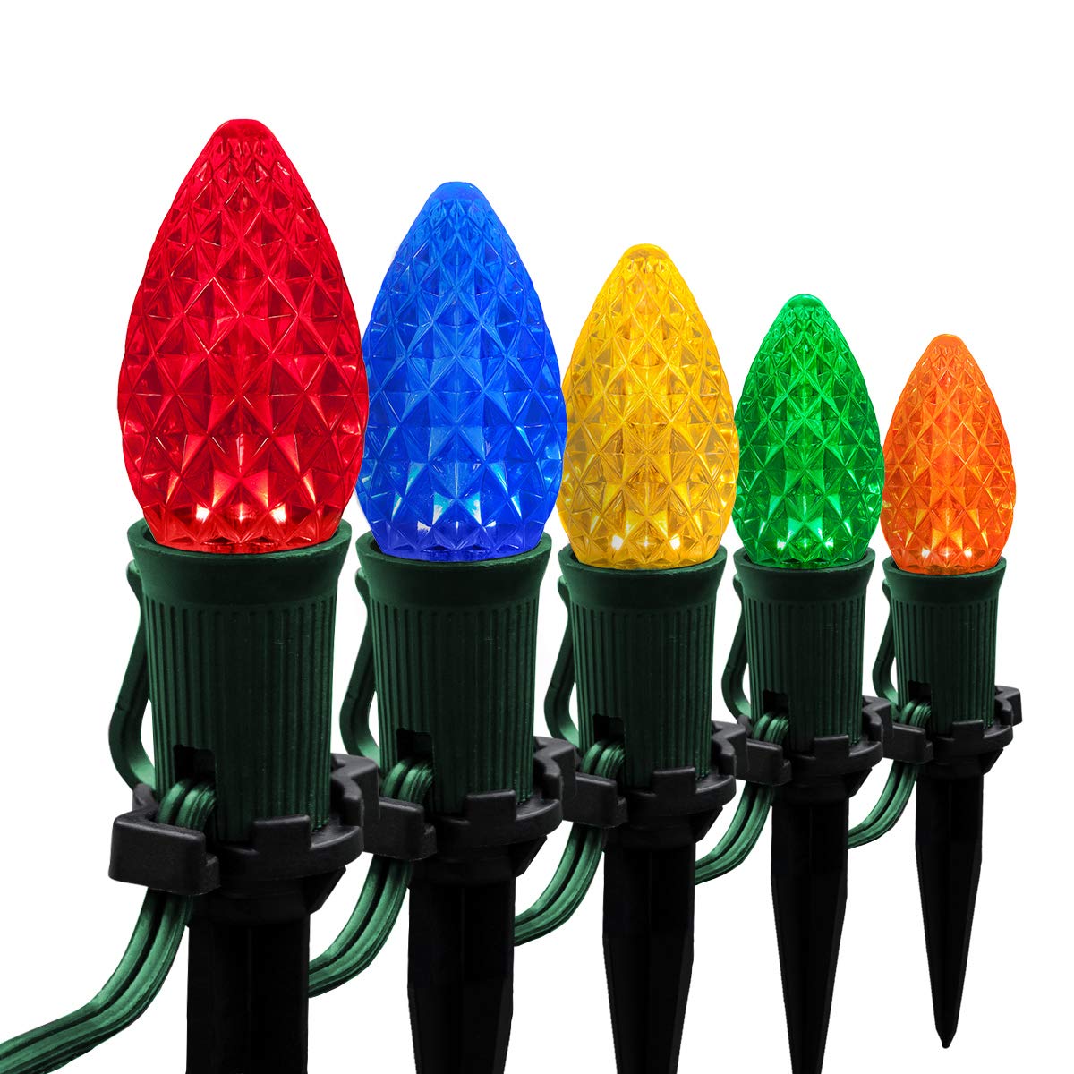 50’ OptiCore LED C7 Multicolor Christmas Pathway Lights, C7 Landscape Lights, 4.5” Stakes, Green Wire Plug String Lights