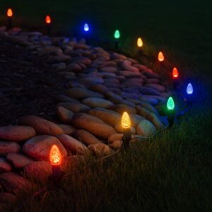 50’ OptiCore LED C7 Multicolor Christmas Pathway Lights, C7 Landscape Lights, 4.5” Stakes, Green Wire Plug String Lights