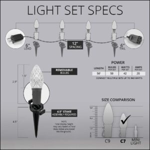 50’ OptiCore LED C7 Multicolor Christmas Pathway Lights, C7 Landscape Lights, 4.5” Stakes, Green Wire Plug String Lights