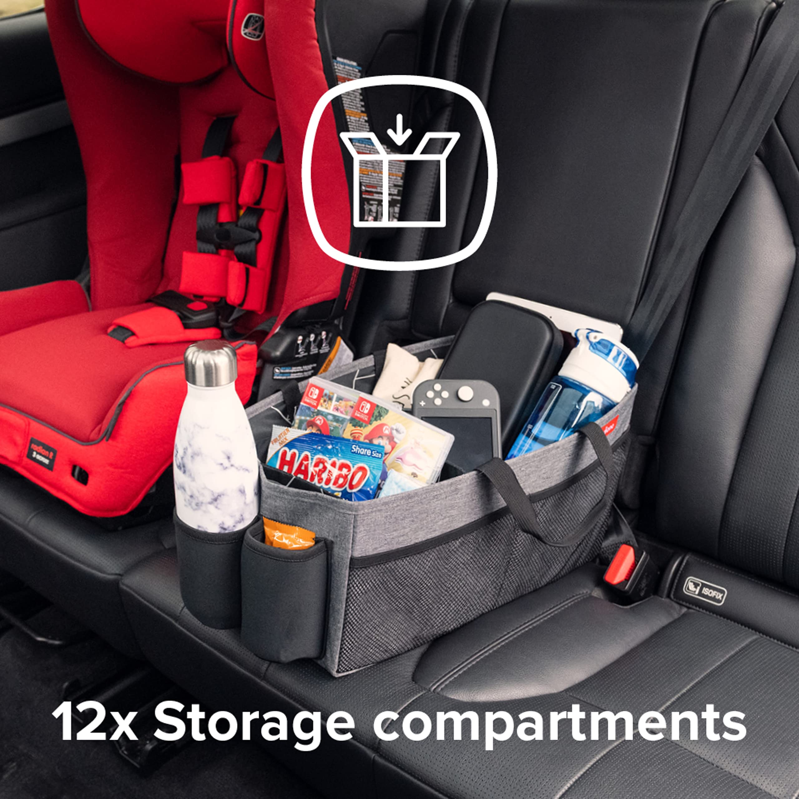 Diono Travel Pal XL Back Seat Car Organizer, 12 Compartments for Kids and Pet Toys, Insulated Drink Holder, Dividable Storage, Reinforced Carry Handles, Collapsible Car Organizer, Folds Flat, Grey