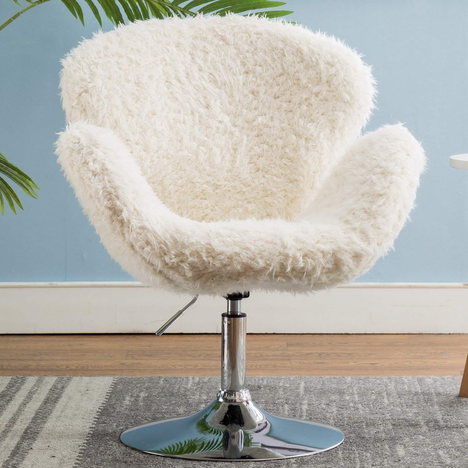 H&Y Hi&Yeah Comfy Faux Fur Cute Desk Chair no Wheels, Swivel Height Adjustable Home Office Chair, Accent Chairs for Living Room, Bedroom, Vanity Chair, Faux Lamb Fur, Ivory