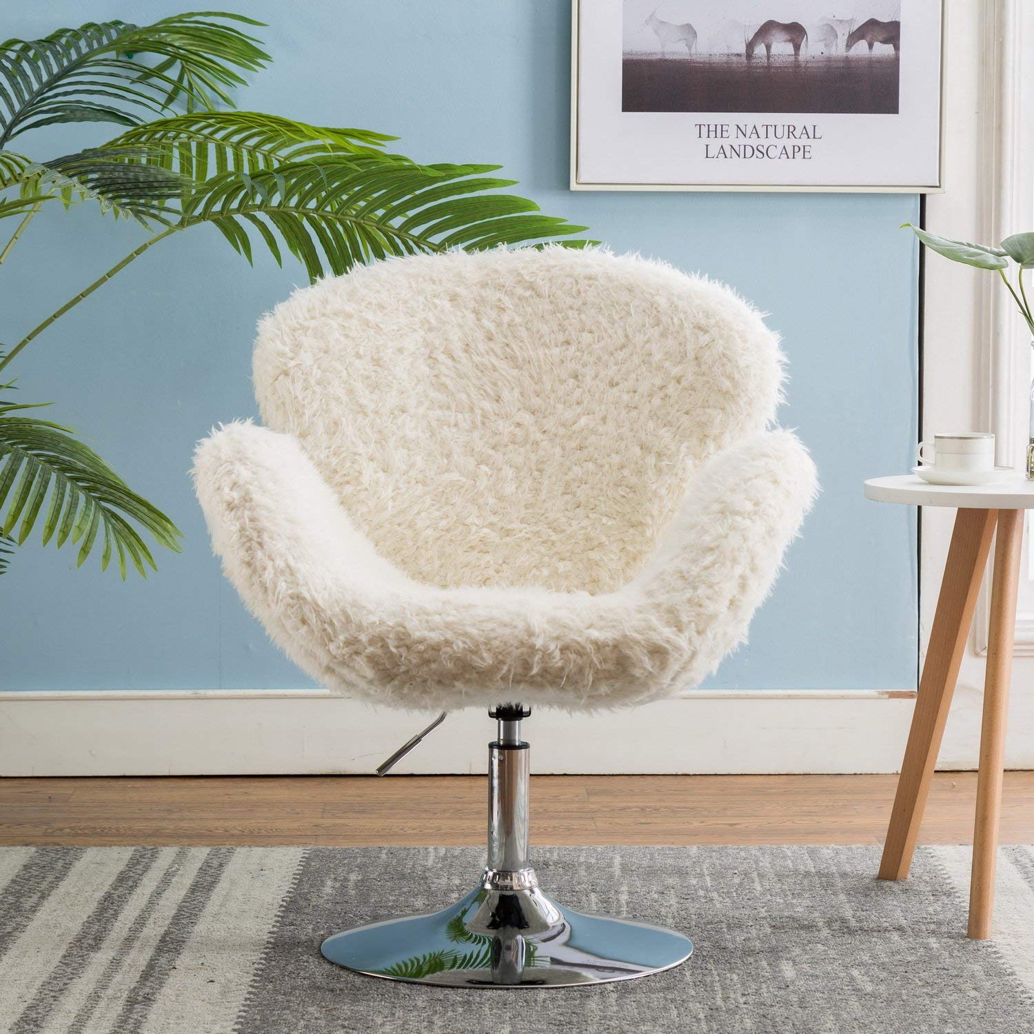 H&Y Hi&Yeah Comfy Faux Fur Cute Desk Chair no Wheels, Swivel Height Adjustable Home Office Chair, Accent Chairs for Living Room, Bedroom, Vanity Chair, Faux Lamb Fur, Ivory